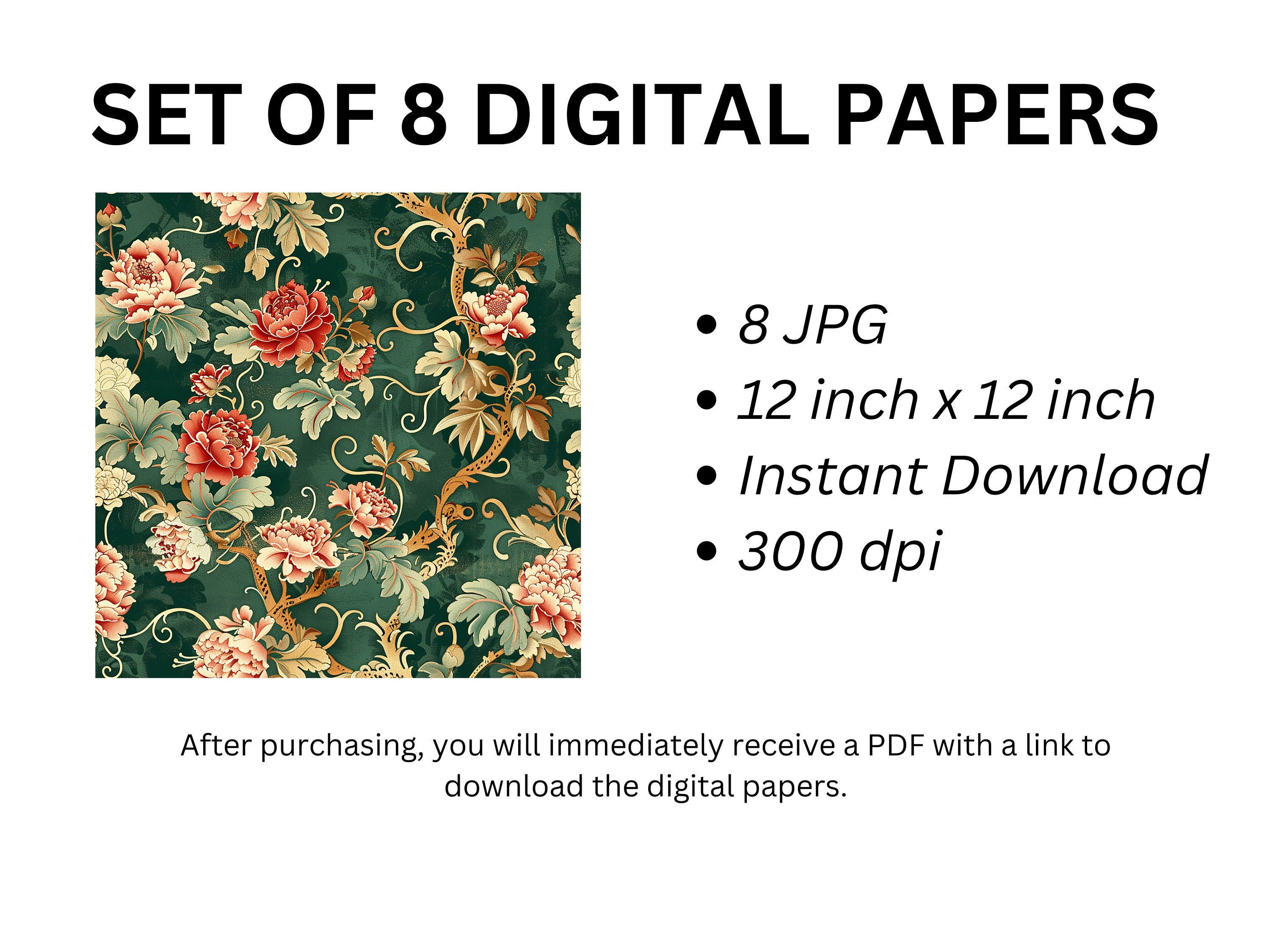 Chinese Floral Scrolls Digital Paper Pack | Peonies and Chrysanthemums ...