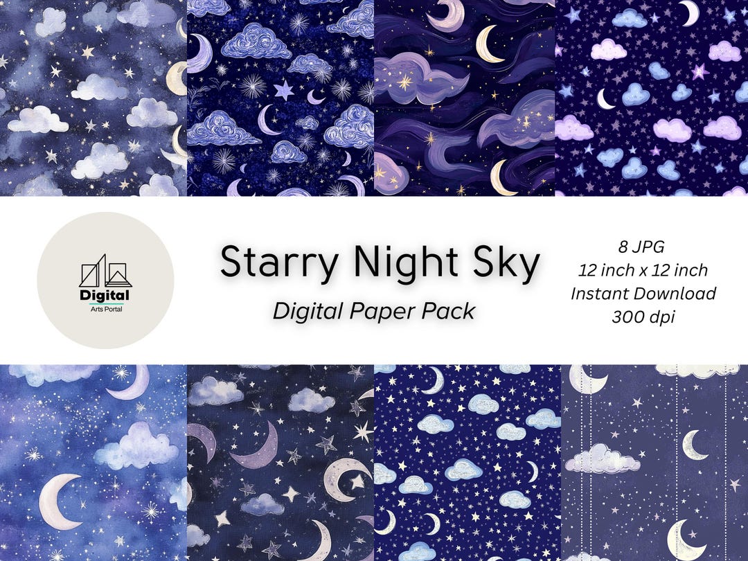 Night Sky Digital Paper Pack | Crescent Moons, Stars & Clouds ...