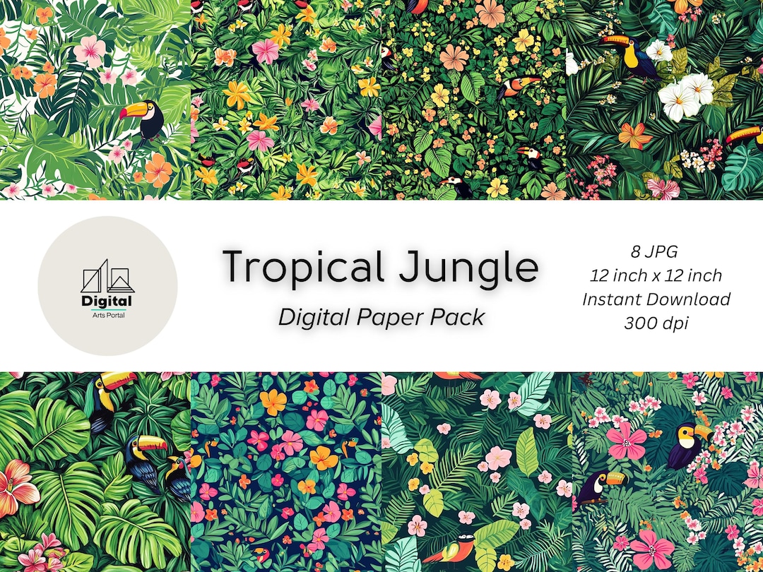 Tropical Jungle Digital Paper Pack: Exotic Floral Seamless Patterns ...