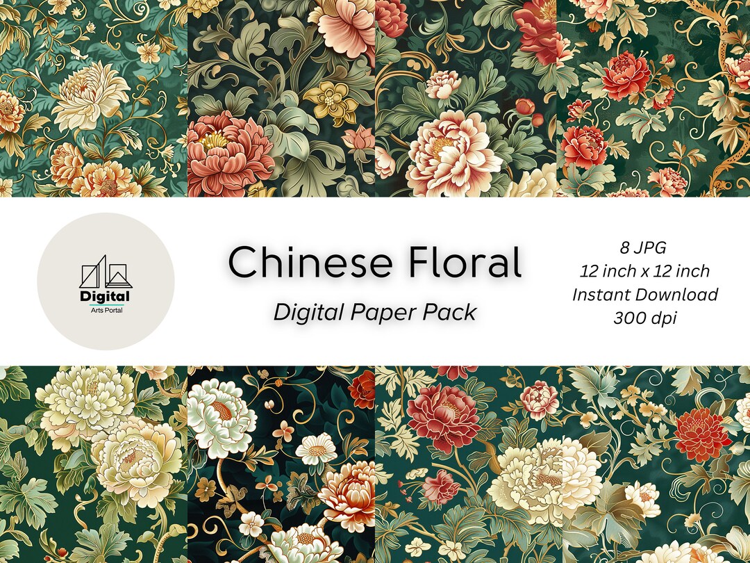 Chinese Floral Scrolls Digital Paper Pack | Peonies and Chrysanthemums ...