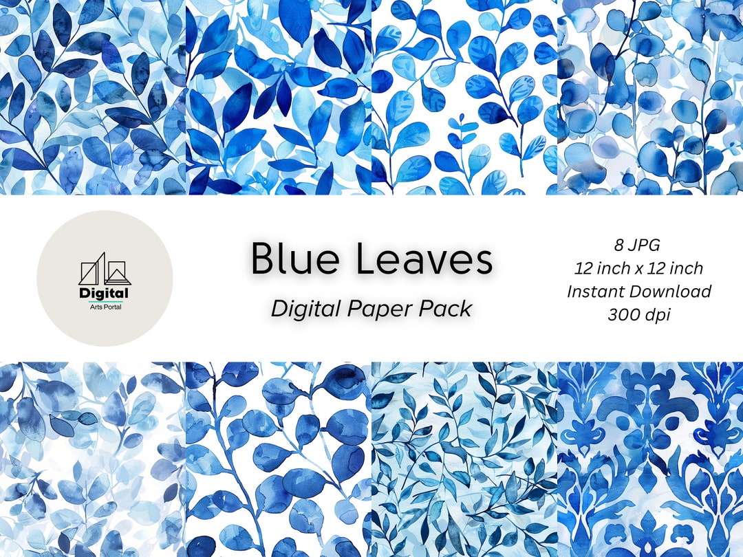 Blue Leaves Watercolor Digital Paper Pack: Botanical Scrapbooking ...