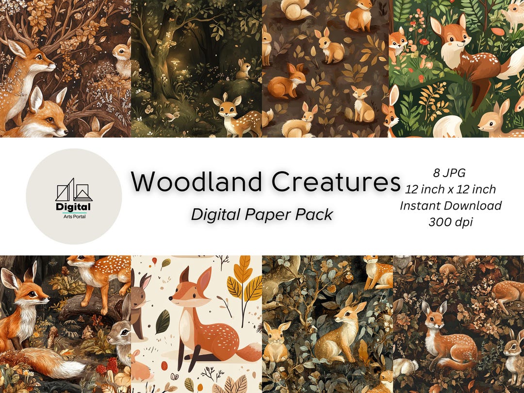Woodland Creatures Digital Paper: Forest Animals Seamless Pattern ...