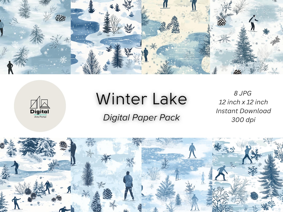 Frozen Winter Lakeside Digital Paper | Ice Skating Silhouettes ...