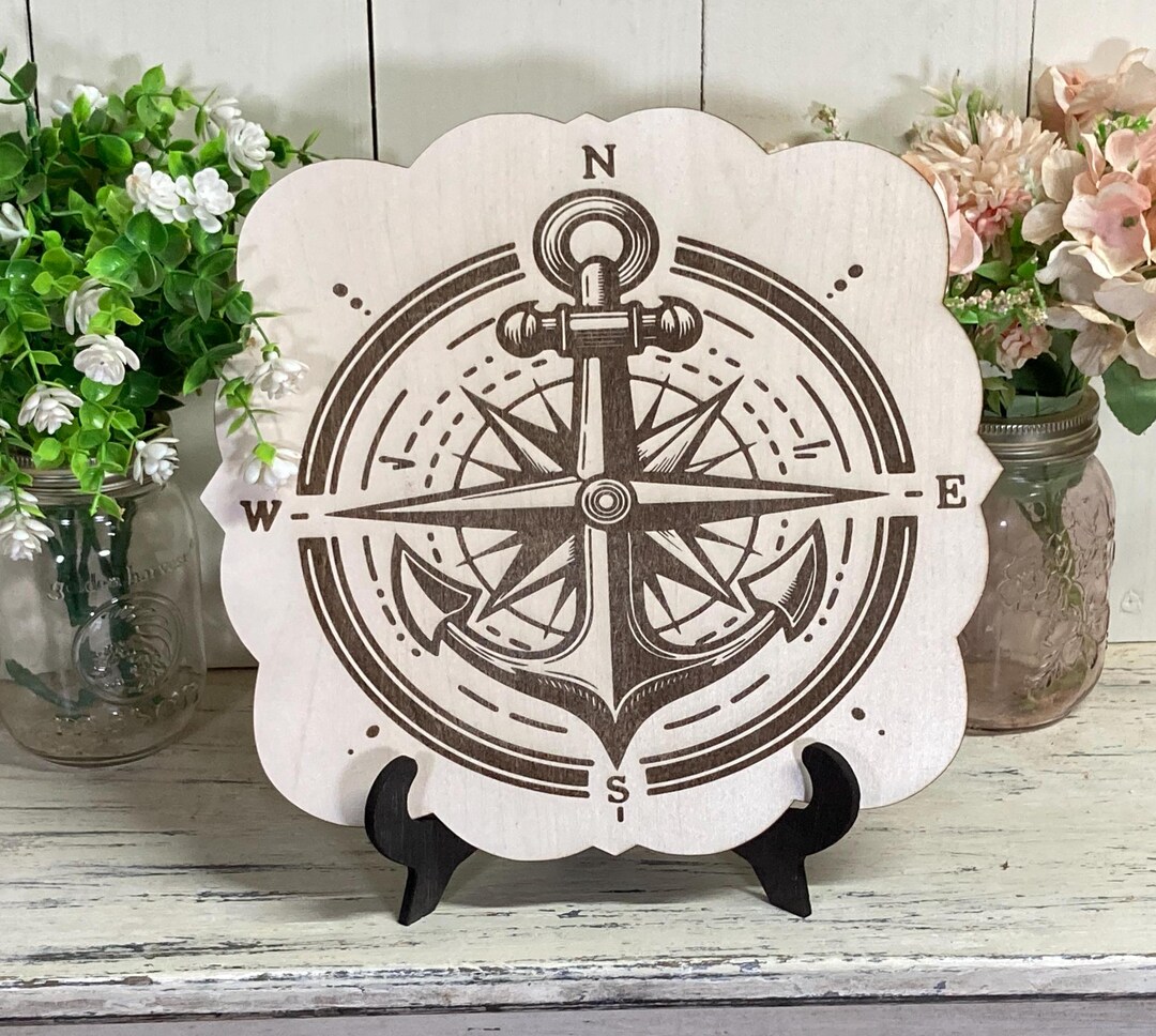 Anchor and Compass Wood Wall Hanging Picture, Ships Compass, Ship's ...