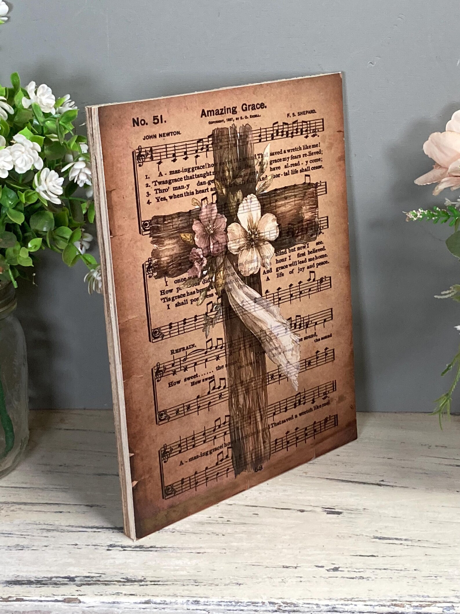Amazing Grace Vintage Hymn & Cross Art on Plywood - Decoupaged and ...