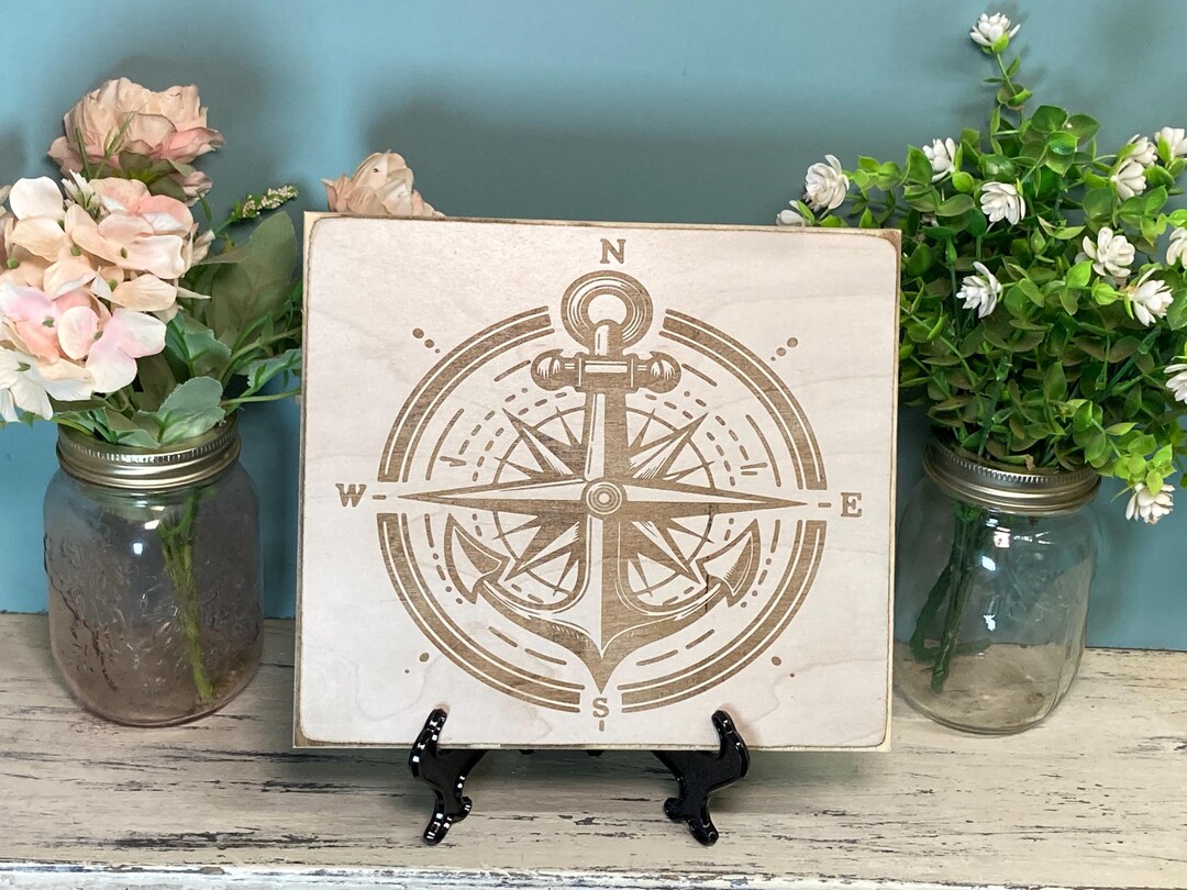 Antique White Plywood Anchor & Compass Wall Art - Keyhole Slot, Stand ...