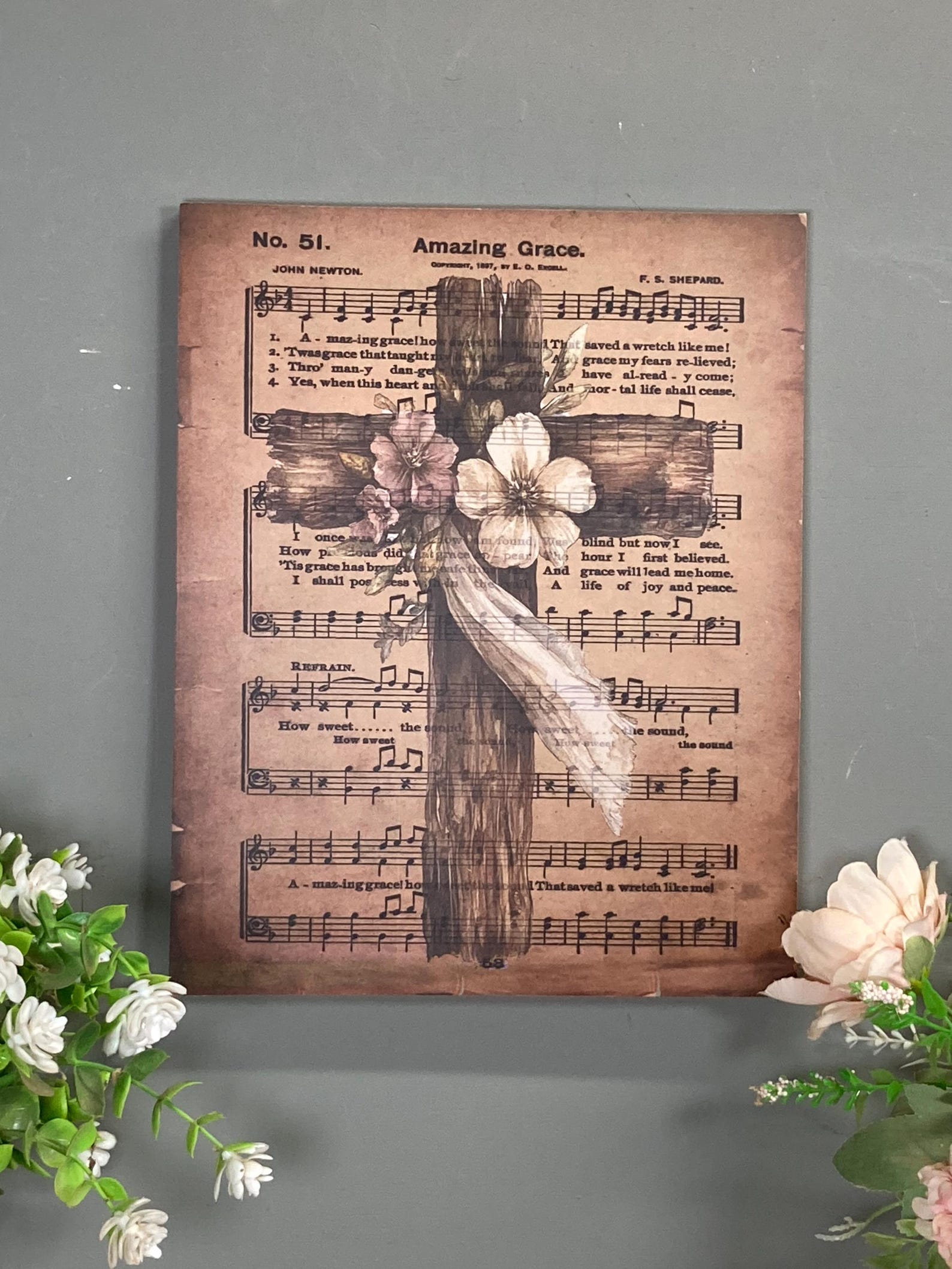 Amazing Grace Vintage Hymn & Cross Art on Plywood - Decoupaged and ...