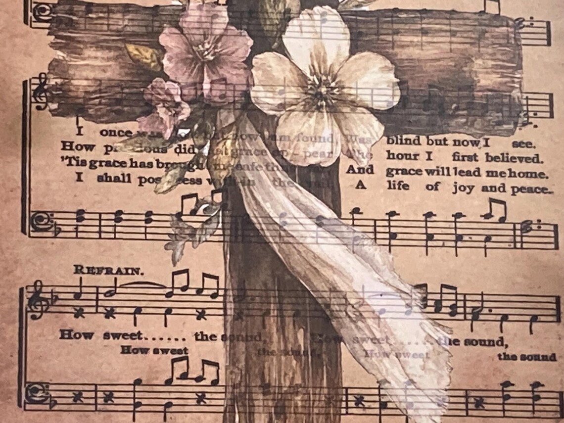 Amazing Grace Vintage Hymn & Cross Art on Plywood - Decoupaged and ...