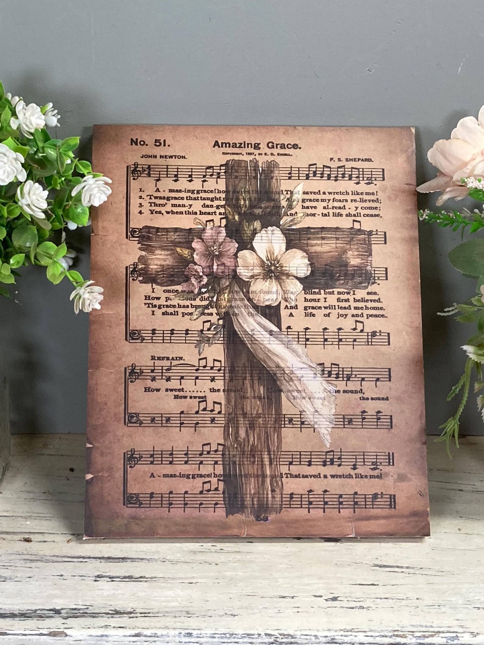 Amazing Grace Vintage Hymn & Cross Art on Plywood - Decoupaged and ...