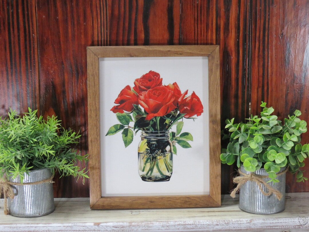 Red Roses in a Mason Jar Picture Wall Decor Framed Canvas - Etsy