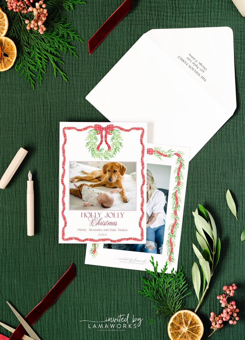 Holly Jolly Watercolor Christmas Card Printed, Grandmillenial Christmas ...