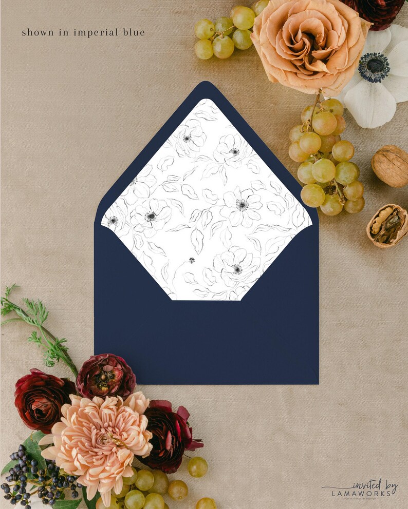 ANEMONE | Black Flowers Envelope Liner, Floral Wedding Invitation Liner ...