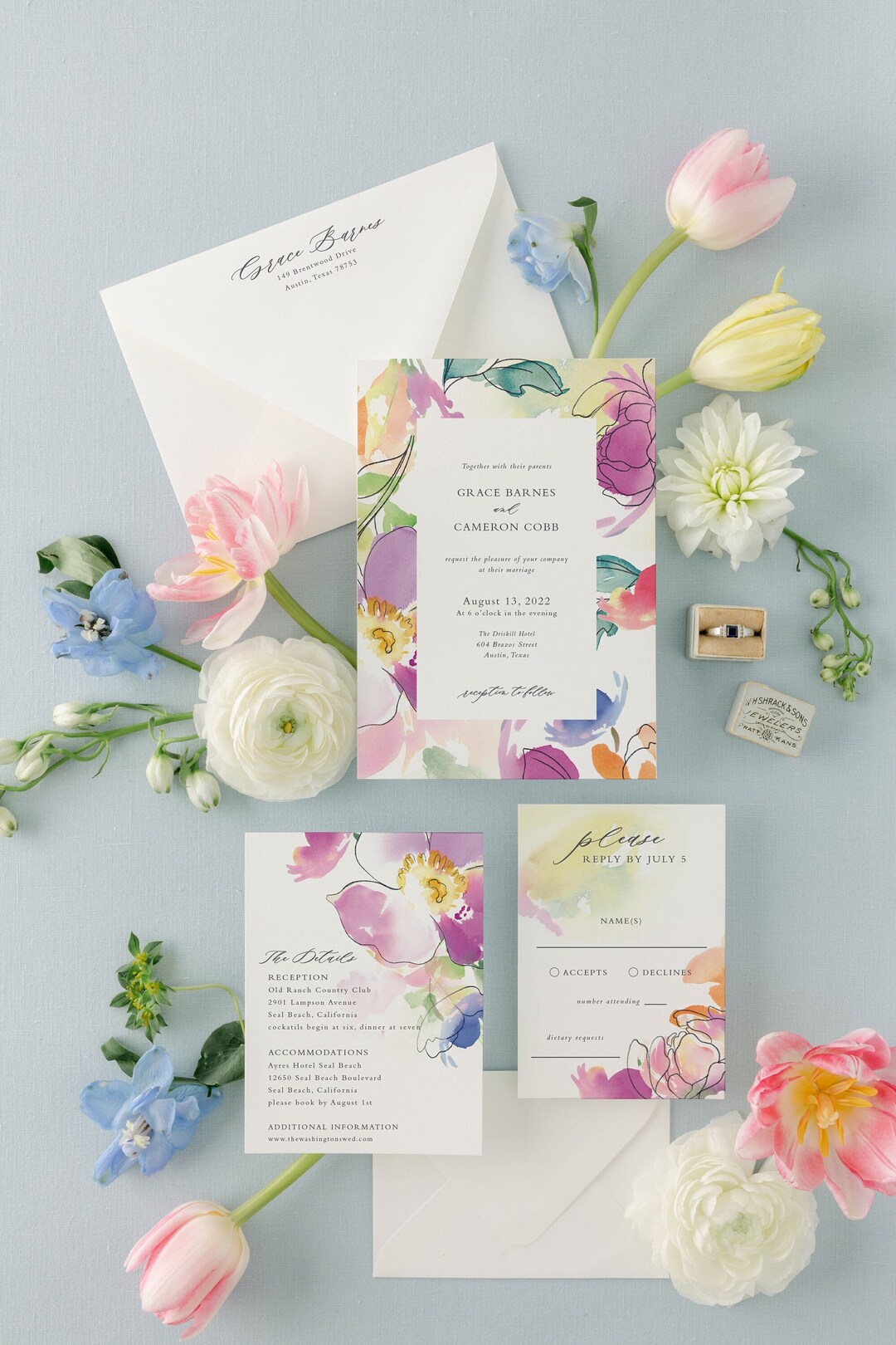 Modern Floral Wedding Invitation Suite With Bright Summer Watercolor ...