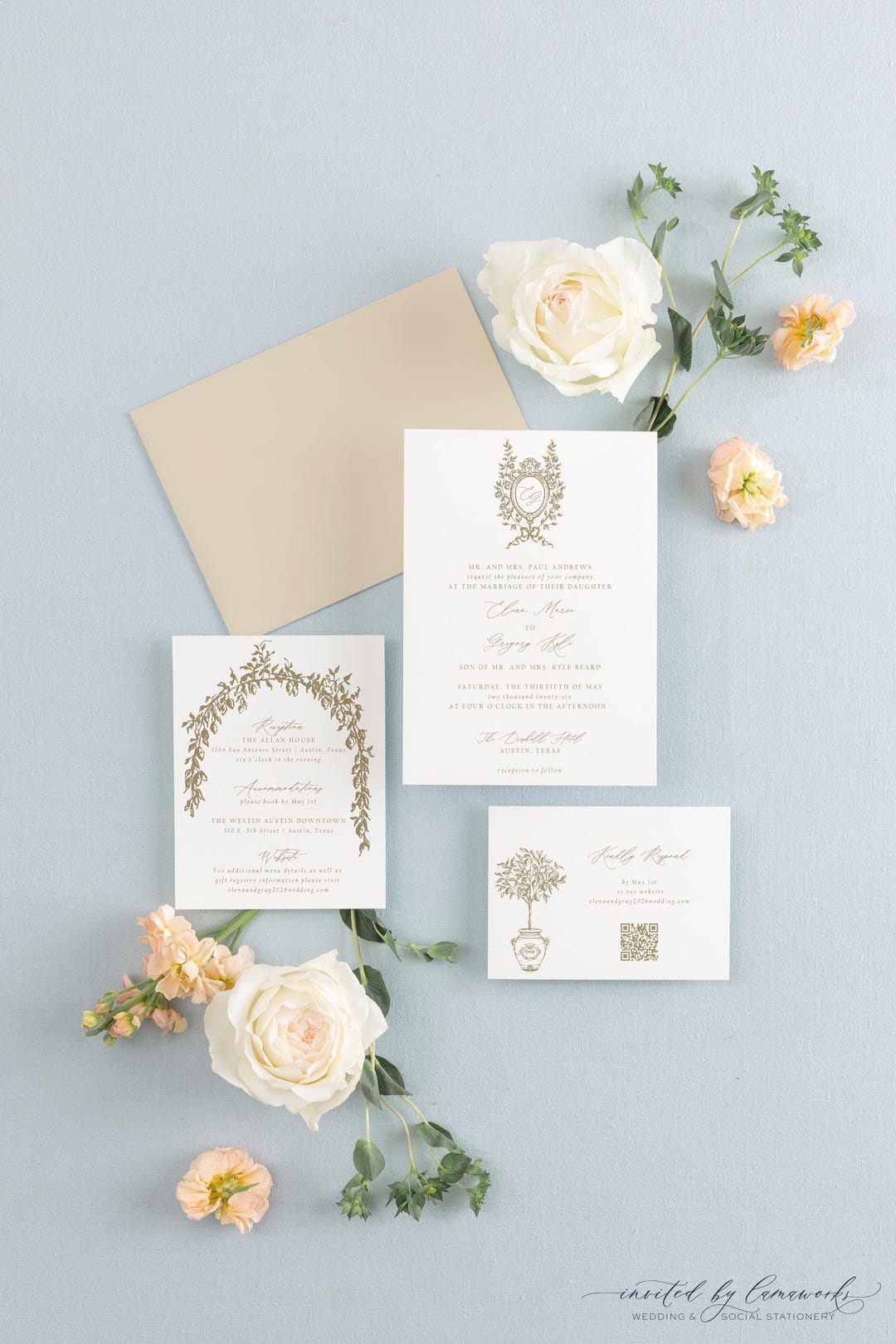 ELENA | Amalfi Coast Floral Crest Wedding Invitation With Bow, Elegant ...