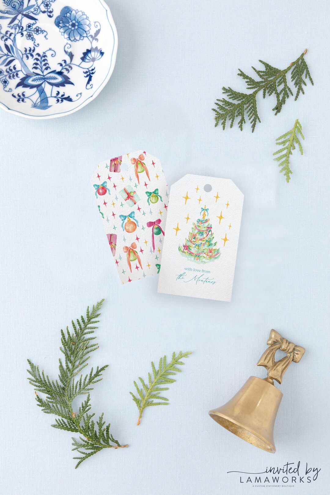 Custom Gift Tags Vintage Blue Xmas Tree | Kitsch Holiday Gift Tag ...