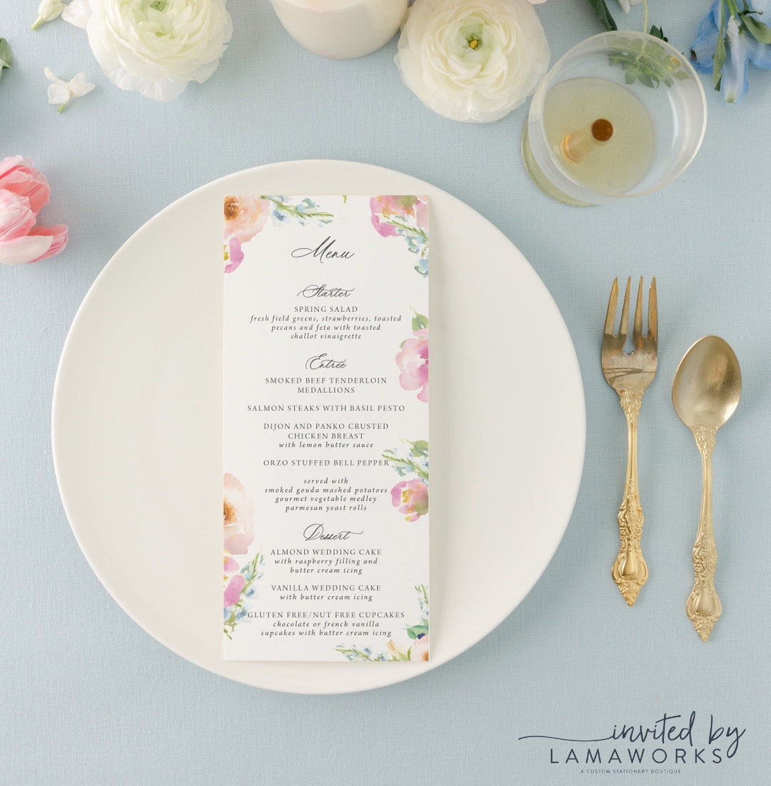 OPHELIA | Pastel Wedding Menu Printed, Pink and Blue Floral Menu for ...