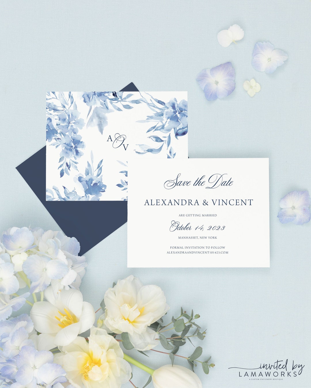 ALEXANDRA Dusty Blue Save the Date With Monogram, Elegant Floral ...