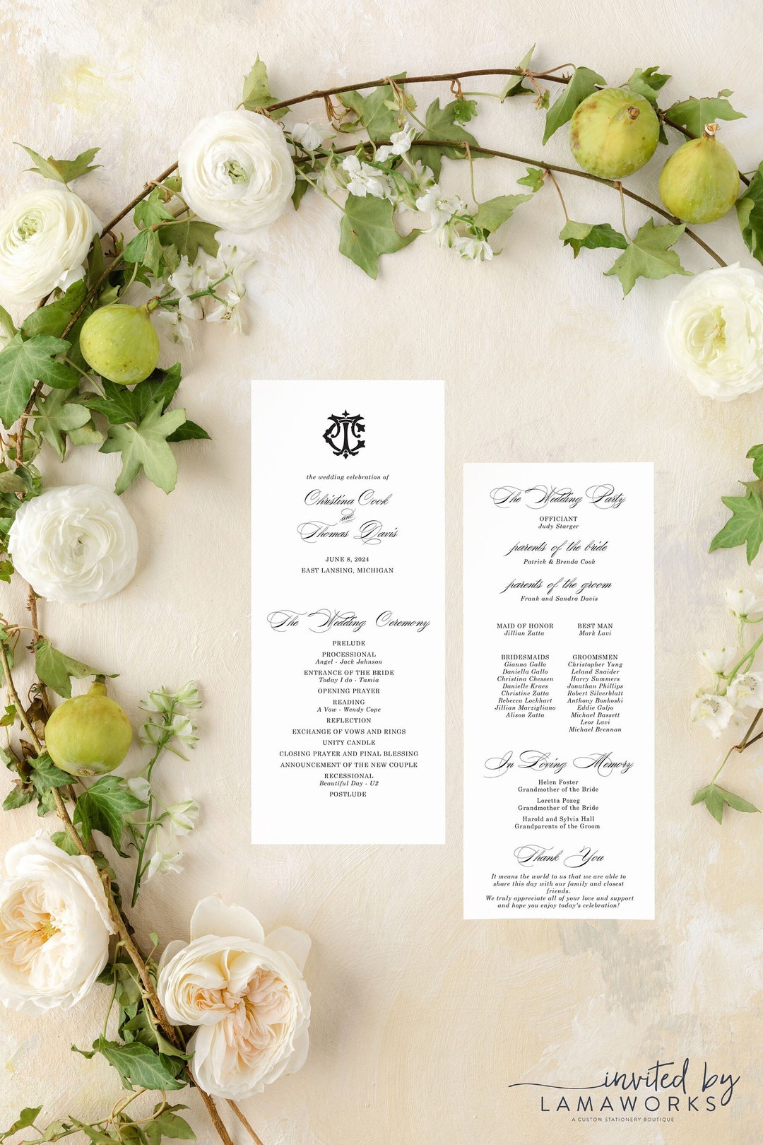 CHRISTINA | Elegant Wedding Program With Monogram, Vintage Monogram ...