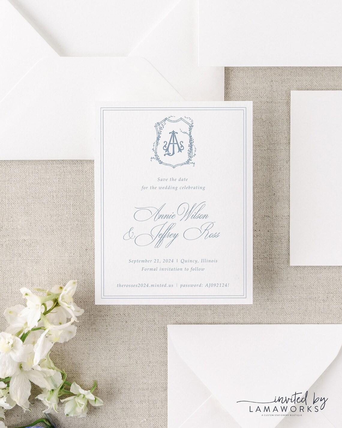 ANNIE | Delicate Monogram Crest Blue Save the Date for Traditional ...