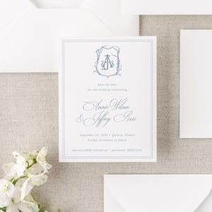 ANNIE | Delicate Monogram Crest Blue Save the Date for Traditional ...