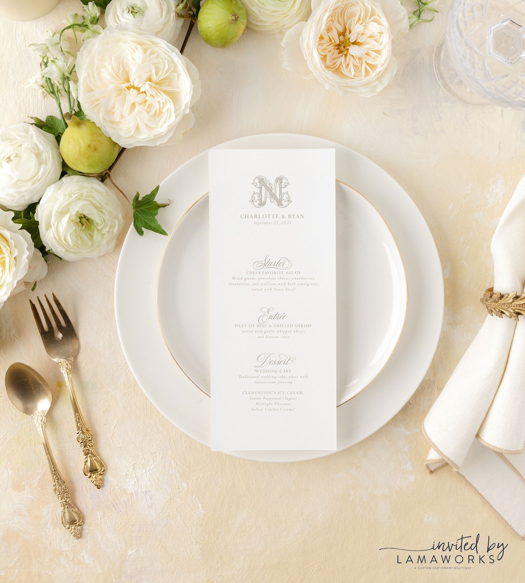 Beige Wedding Menu Cards, Classic Monogram Printed Menu Cards for ...
