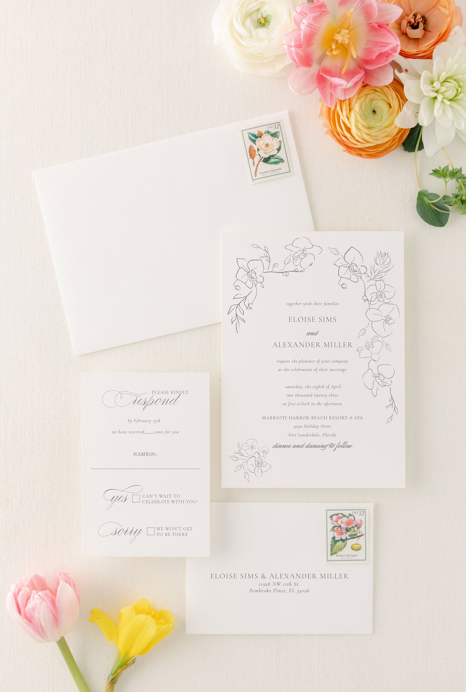 Elegant Wedding Invitation Suite With Delicate Spring Flowers Printed ...