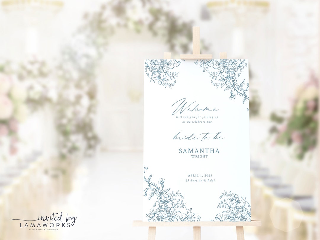SAMANTHA | Blue Floral Bridal Shower Welcome Sign, Dusty Blue Bridal ...