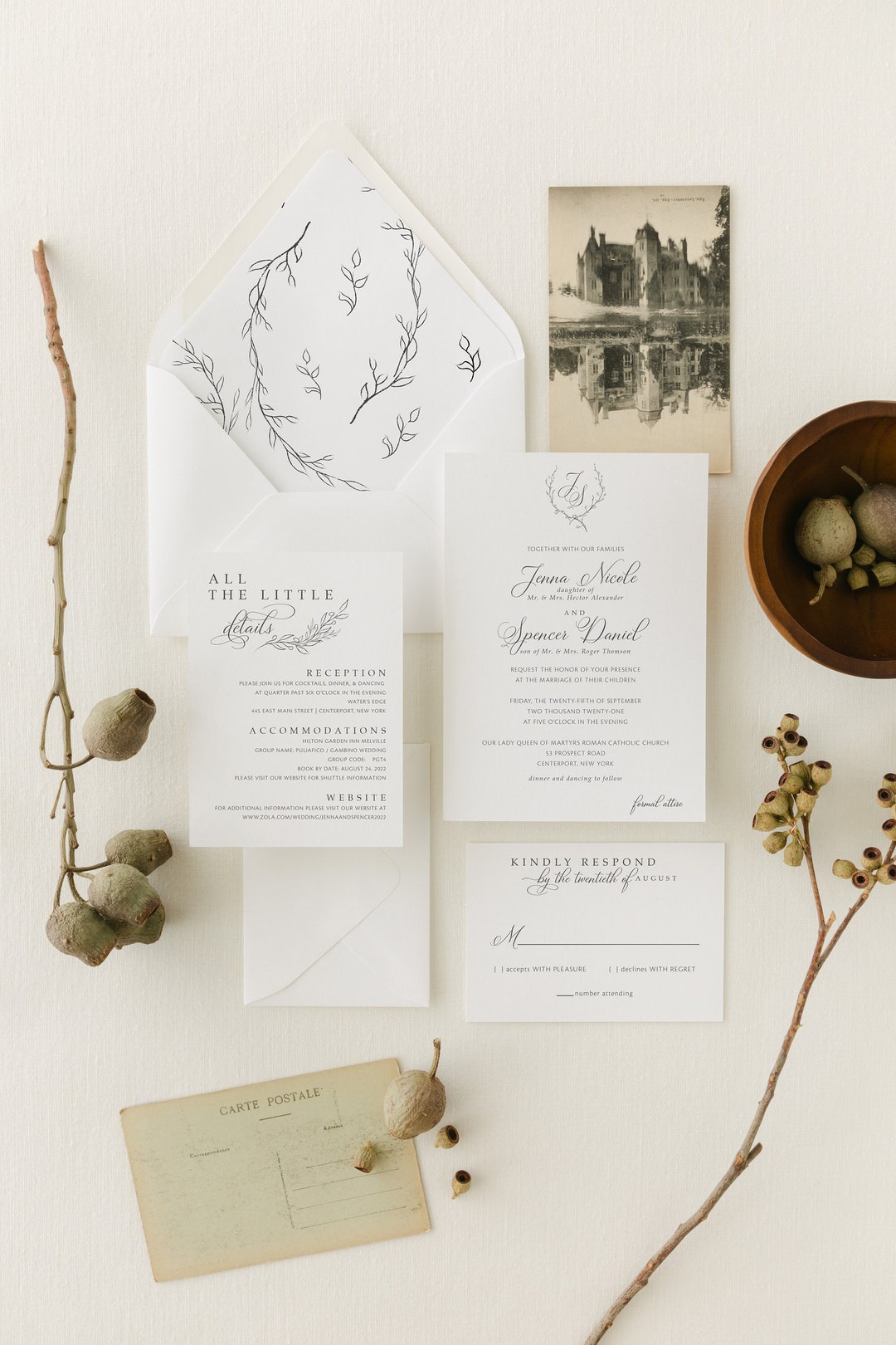Classic, Elegant Wedding Invitation Suite With Greenery and Monogram ...