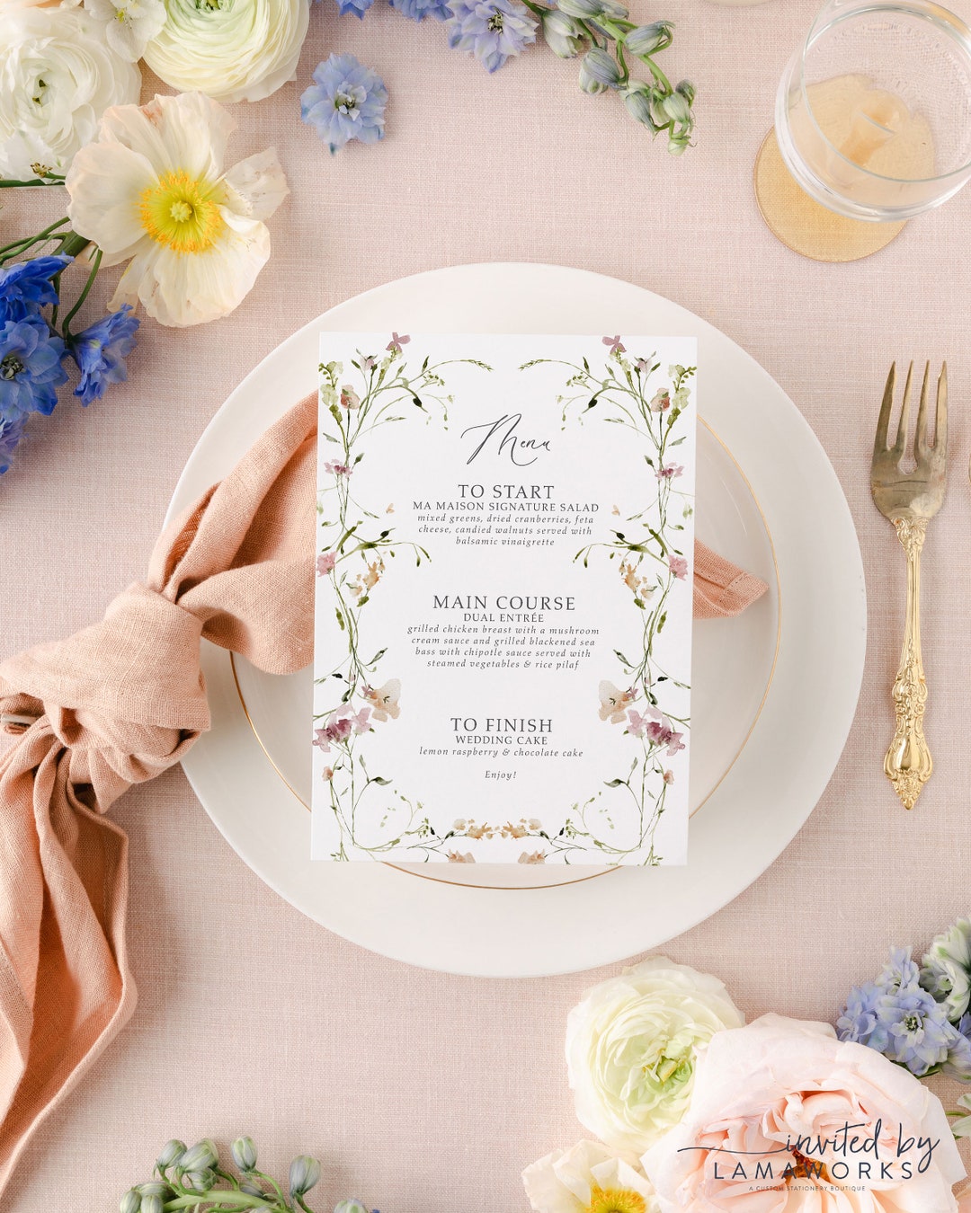 MELISSA | Wildflower Wedding Menu Cards, Floral Wedding Reception Menu ...