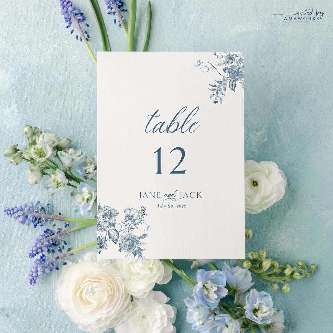 Slate Blue Floral Wedding Table Numbers, Personalized Printed Table ...