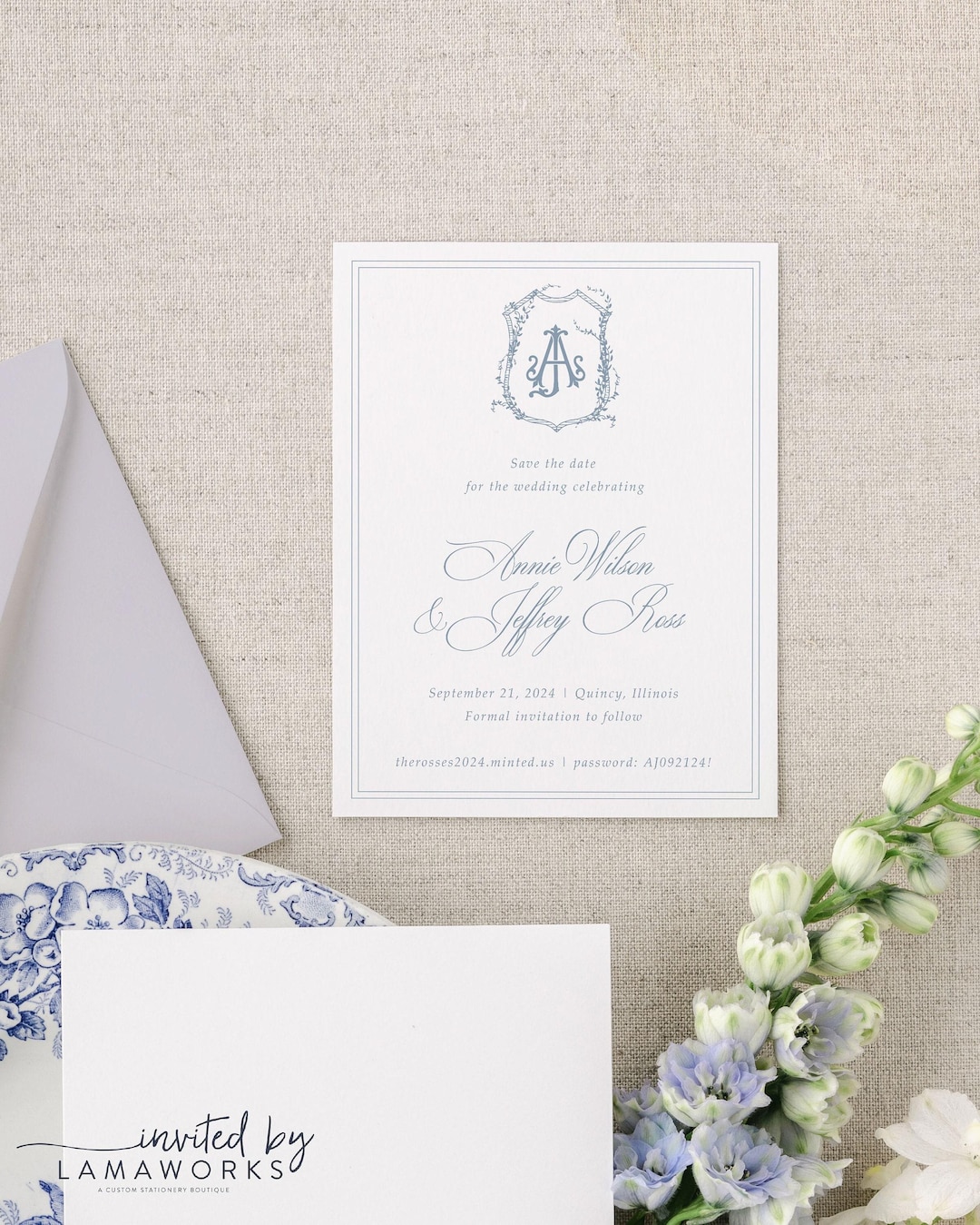 ANNIE | Delicate Monogram Crest Blue Save the Date for Traditional ...
