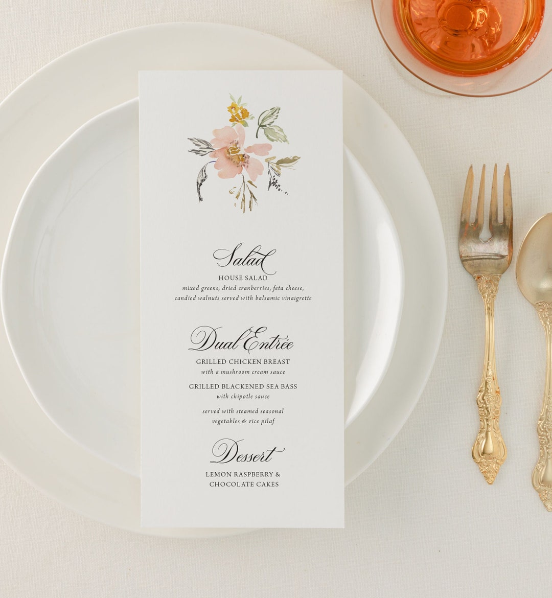 Printed Wedding Menu With Muted Pastel Flowers | Classic, Elegant ...