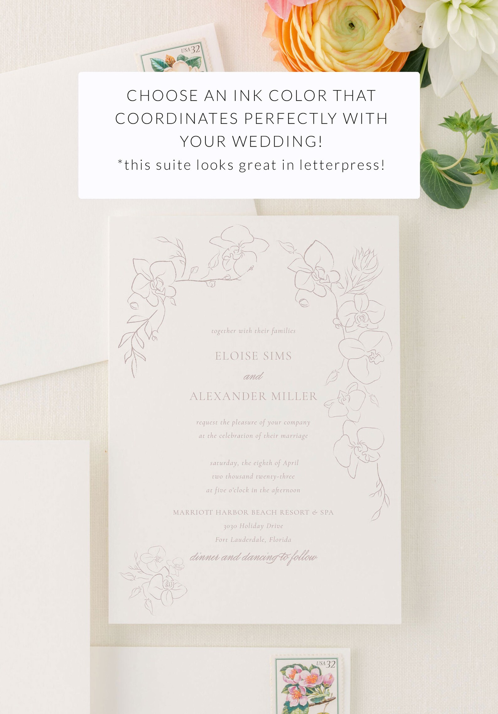 Elegant Wedding Invitation Suite With Delicate Spring Flowers Printed ...