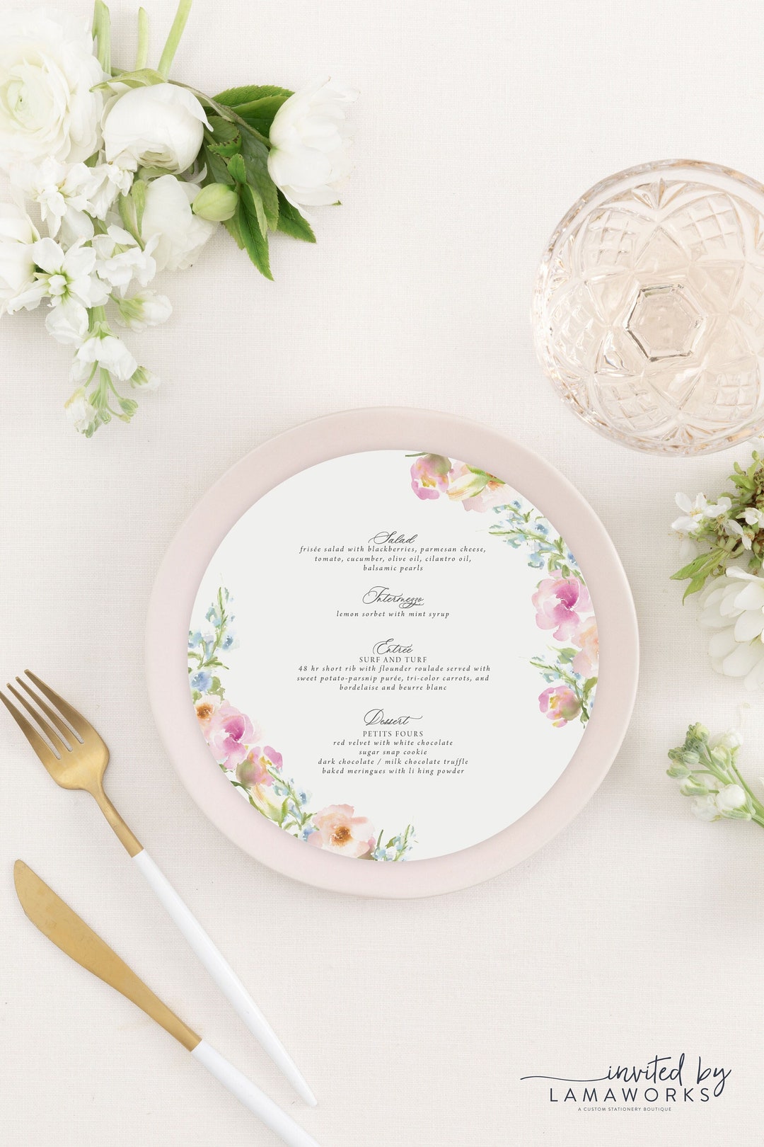 OPHELIA | Pink and Blue Secret Garden Round Menu Printed, Printed ...
