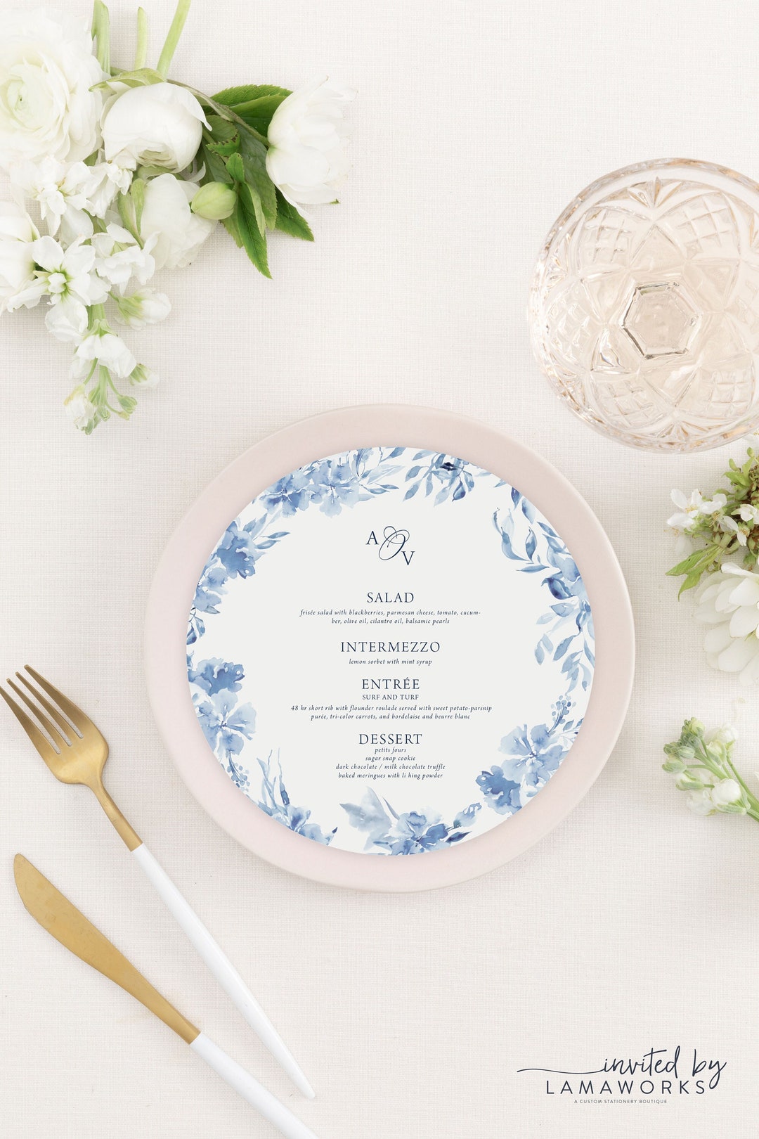 ALEXANDRA | Dusty Blue Round Floral Menus Printed, Printed Elegant and ...