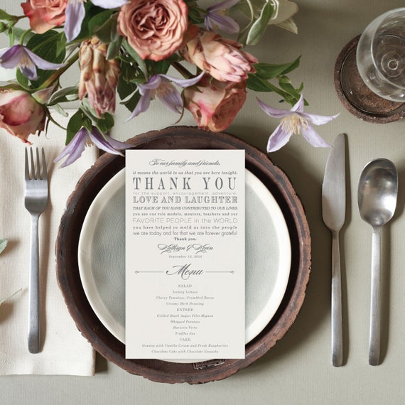 Printed Wedding Menu with Thank You Note Personalized | Etsy