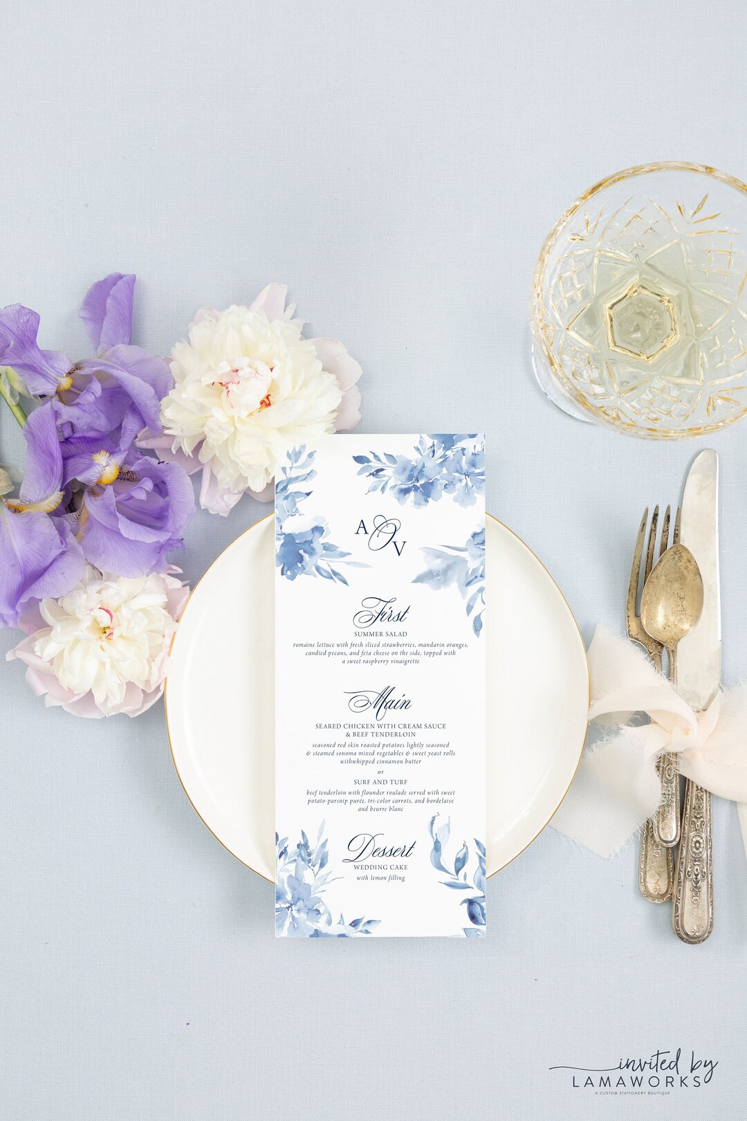 ALEXANDRA | Blue Watercolor Floral Wedding Menu Cards, Printed Wedding ...