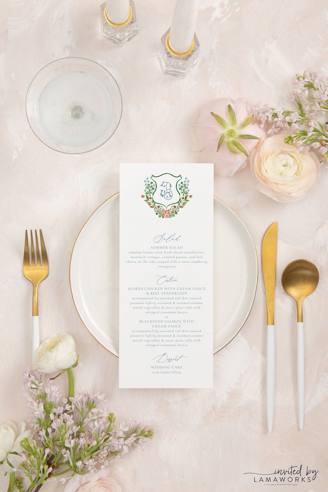 MADISON | Blue and Pink Floral Watercolor Crest Wedding Menus, Wedding ...