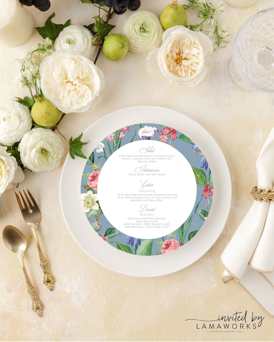ANNIE | Round Floral Menu, Unique Blue Custom Wedding Table Menu ...