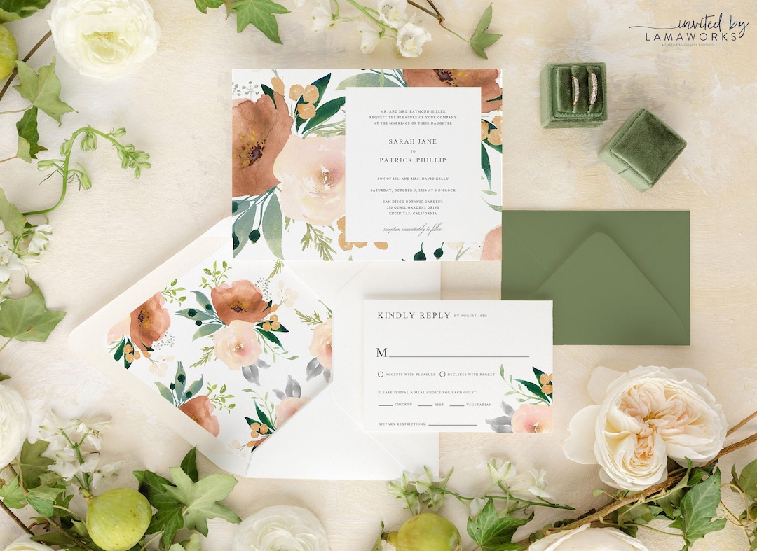 Printed Peach Floral Wedding Invitation, Fall Floral Wedding Invitation ...