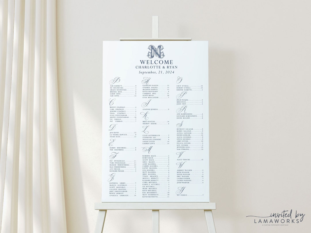 Navy Blue Monogram Wedding Seating Chart, Gold Formal Wedding Seating ...
