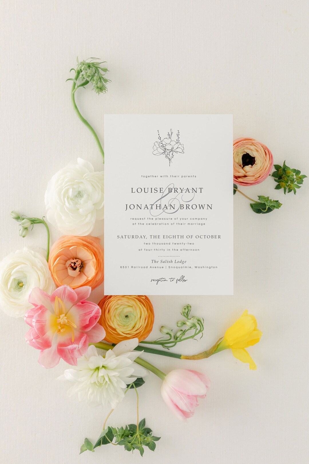 Wildflower Wedding Invitation Simple Minimalist Fall Floral - Etsy