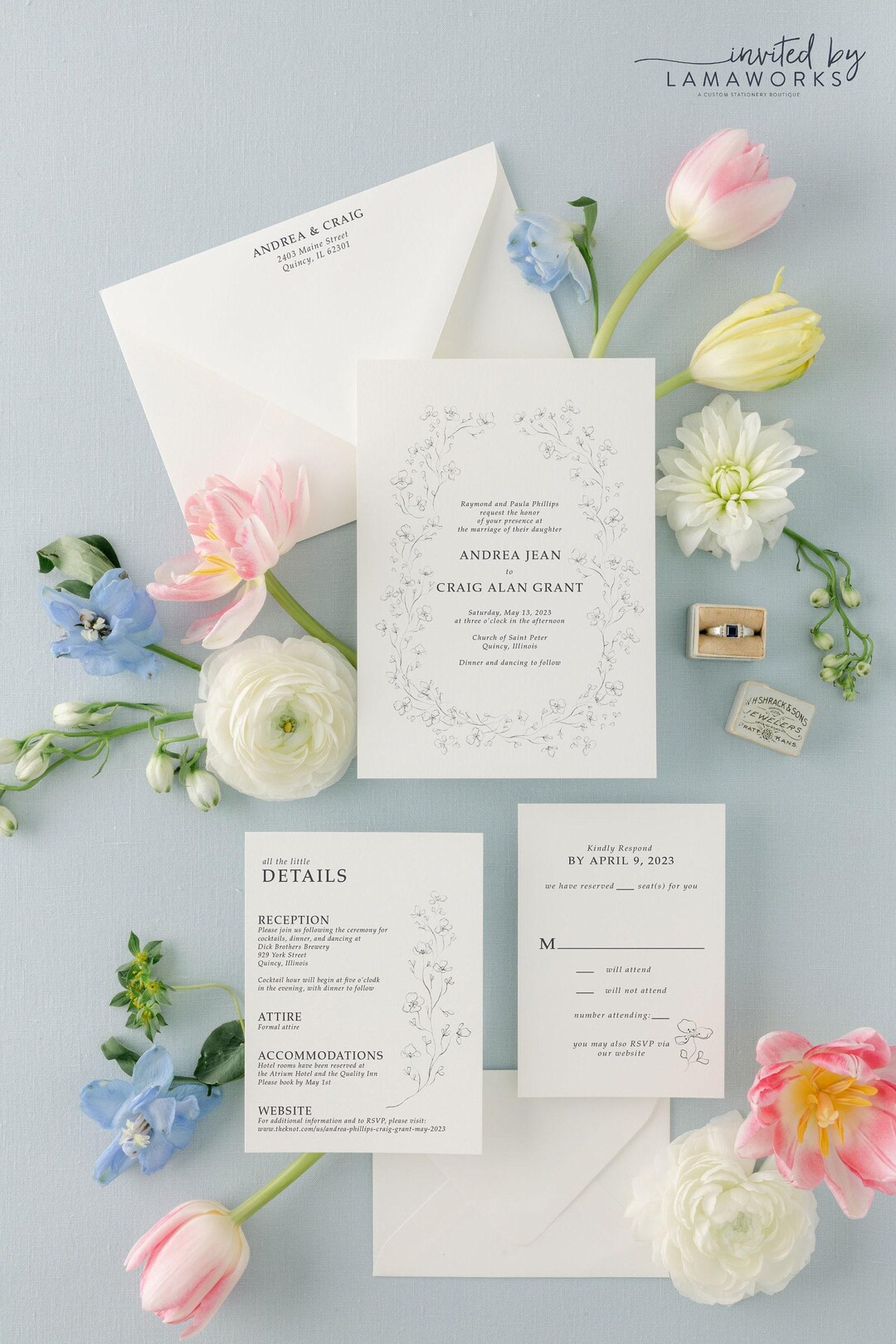 Classic Wedding Invitation Suite With Fine Art Spring Flowers | Printed ...