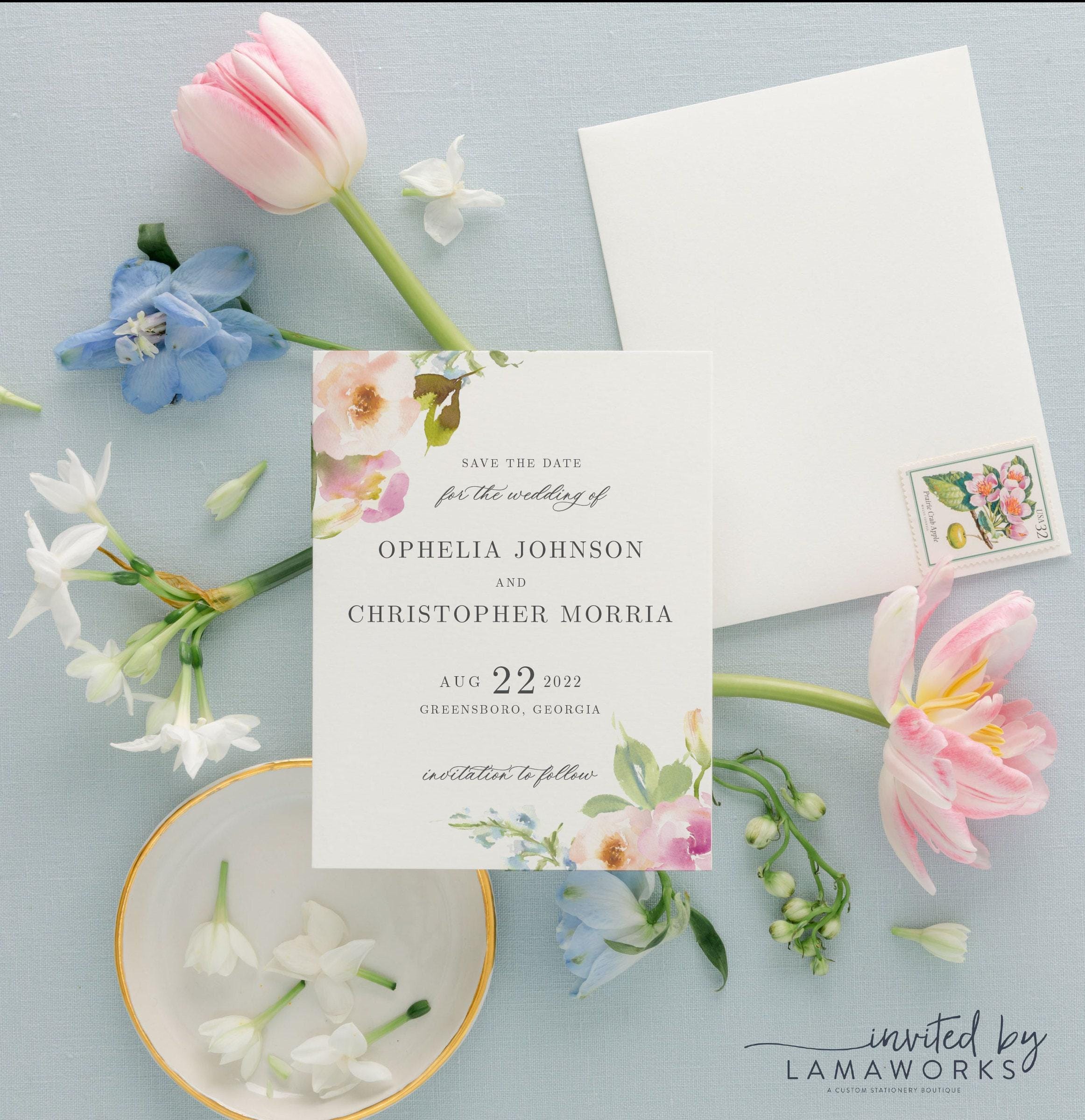 Elegant Wedding Save the Date Card W Watercolor Spring Flowers ...