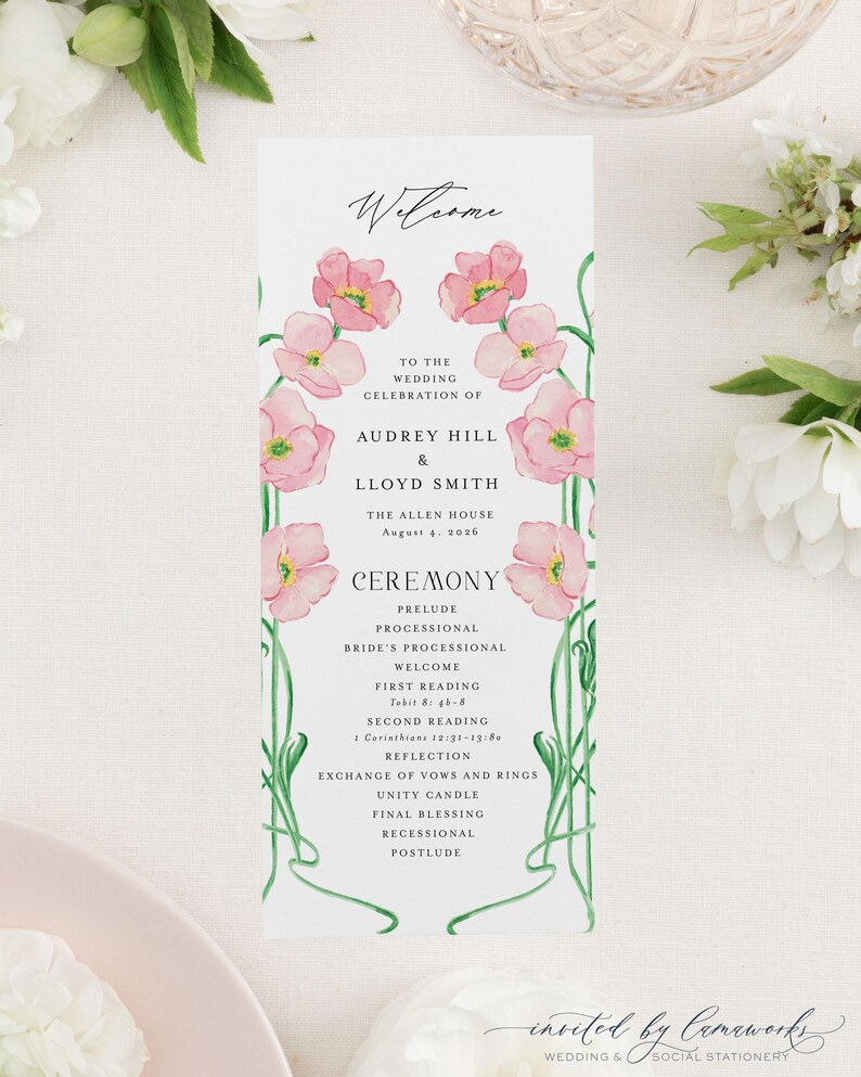 AUDREY | Pink Bow Whimsical Wedding Ceremony Program, Blush Pink Floral ...