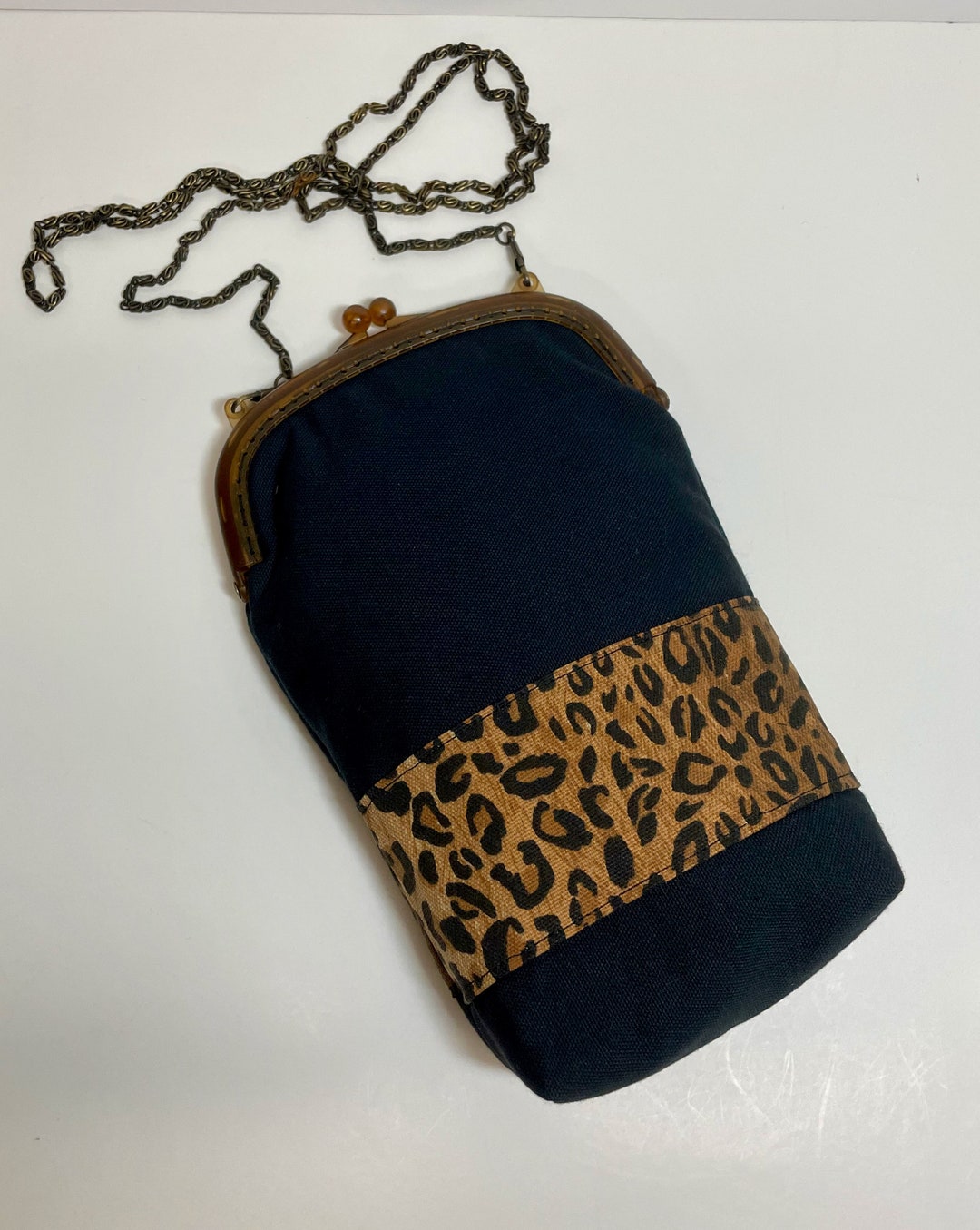 Crossbody Coin Purse in Black and Leopard Brown Plastic Frame With ...