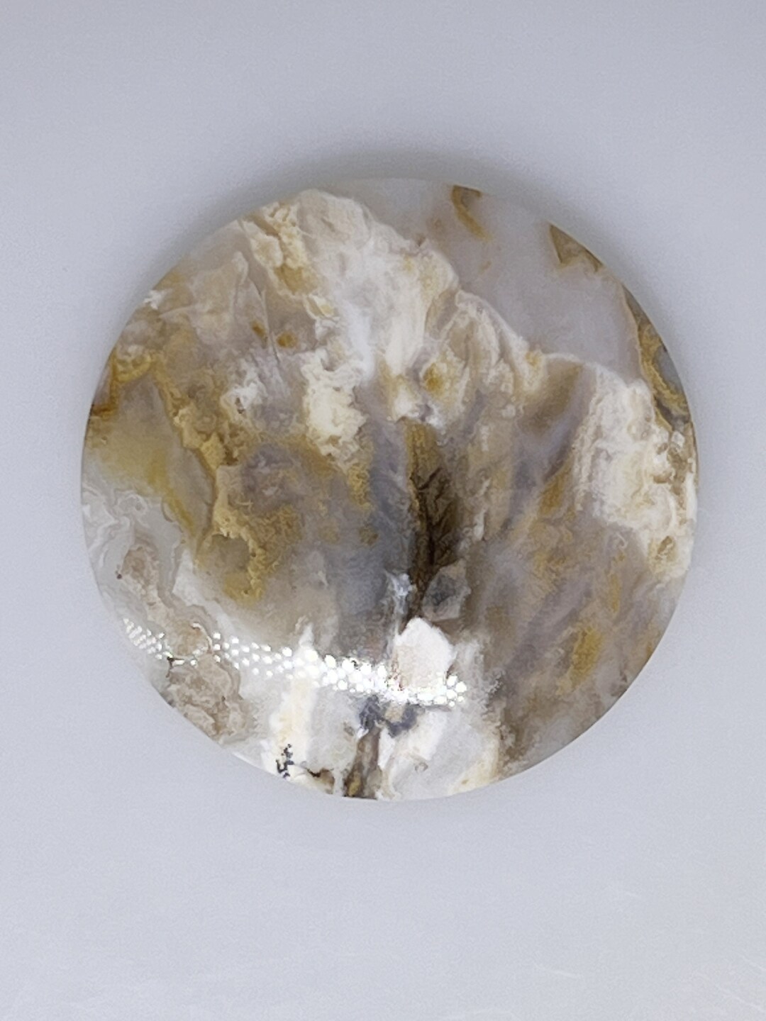 White, Beige, Flame Like Pattern Round Agate Cabochon, 46.14 Carats 005 ...