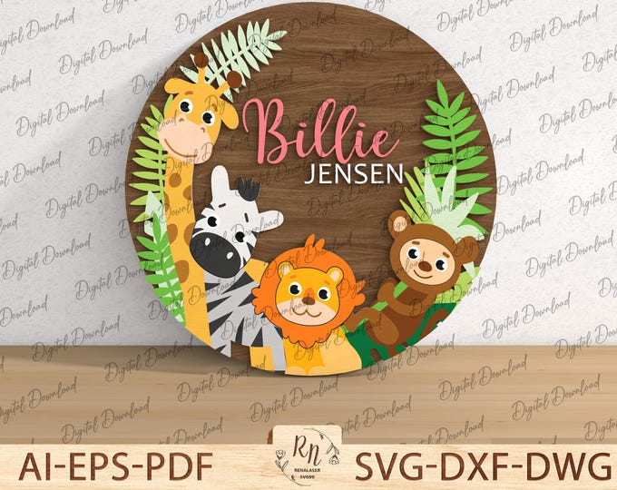 Giraffe Baby Name Sign SVG, Jungle Animals Round Nursery Name Sign ...