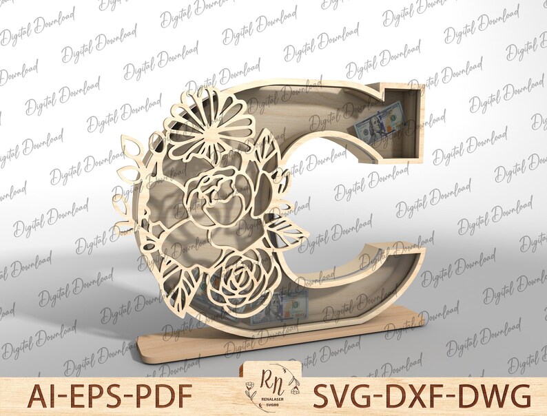 Alphabet Folral Piggy Bank Box Cut File Svg, 3D Letter Piggy Banks ...