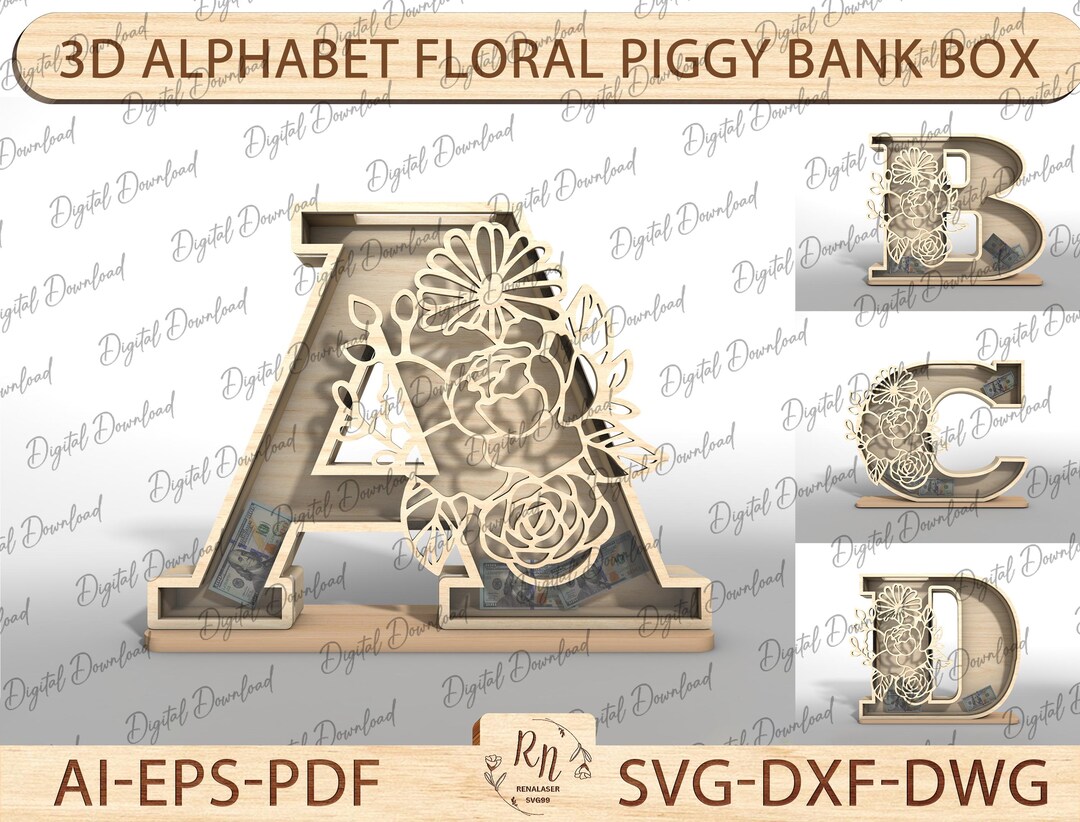 Alphabet Folral Piggy Bank Box Cut File Svg, 3D Letter Piggy Banks ...